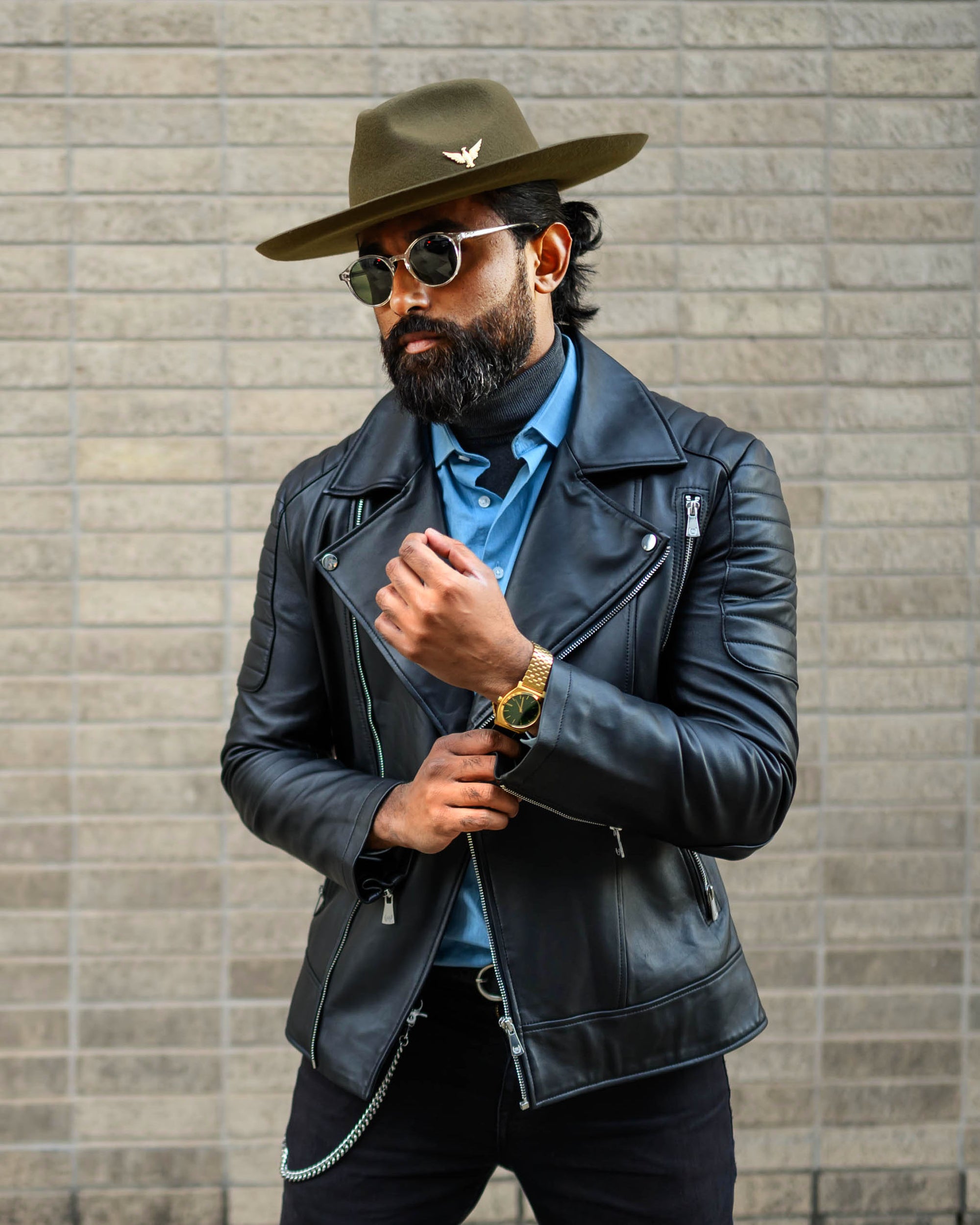 fedora with leather jacket