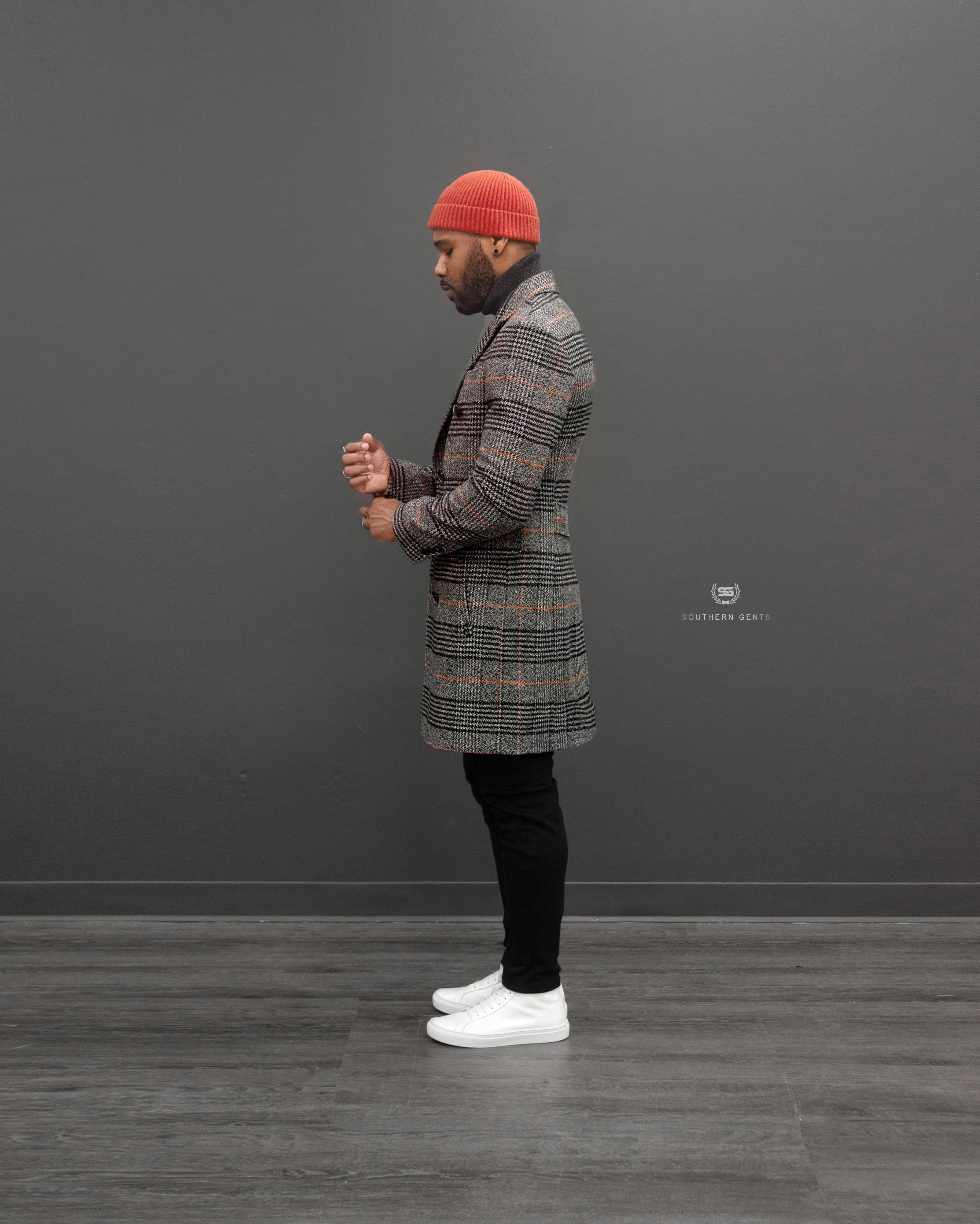 SG Men's Anniversary V Double Breasted Topcoat – Grey + Orange Plaid ...