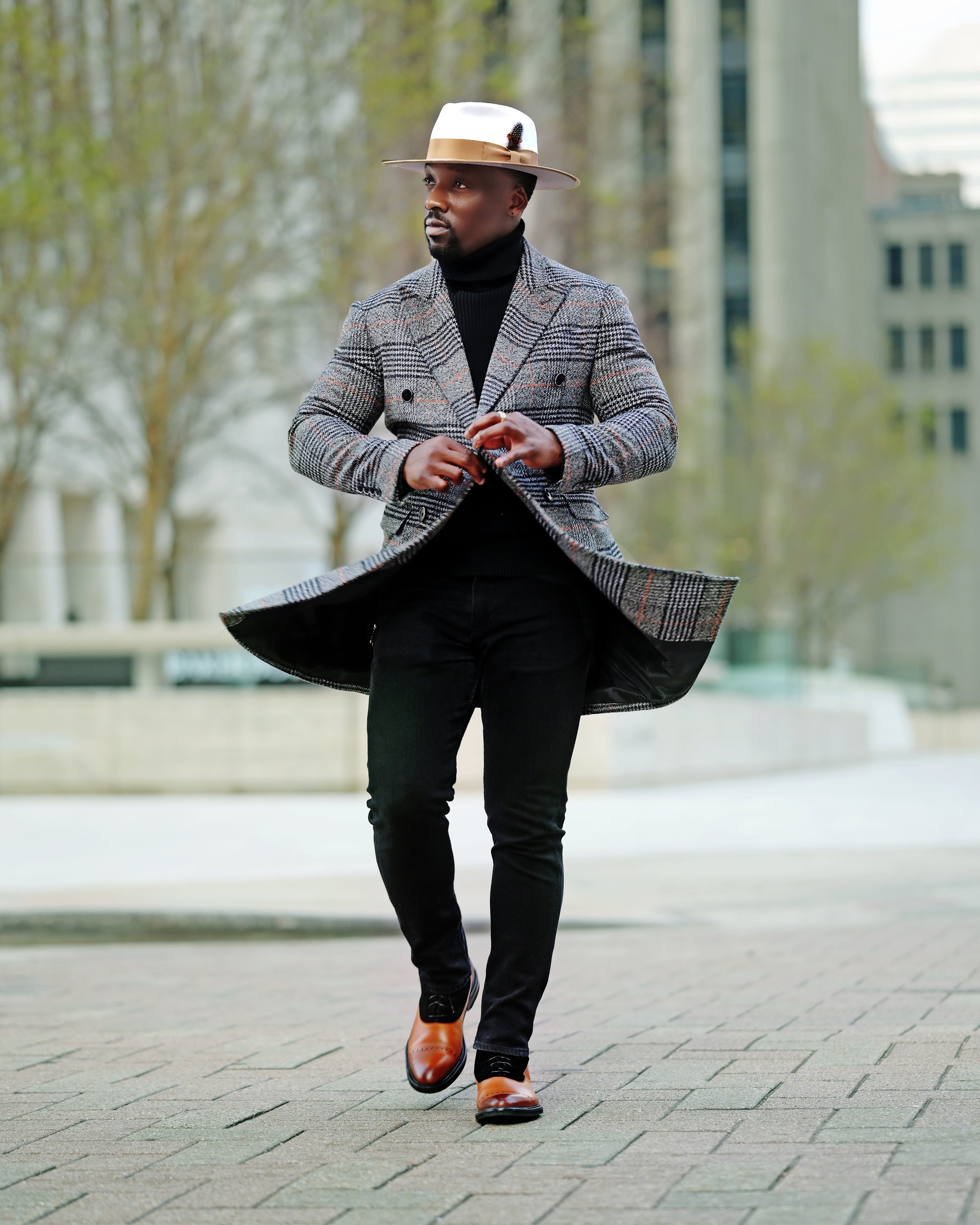 SG Men's Anniversary V Double Breasted Topcoat – Grey + Orange Plaid ...